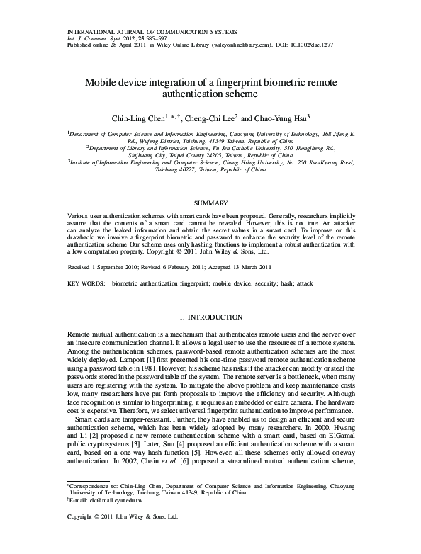 (PDF) Mobile device integration of a fingerprint biometric remote authentication scheme