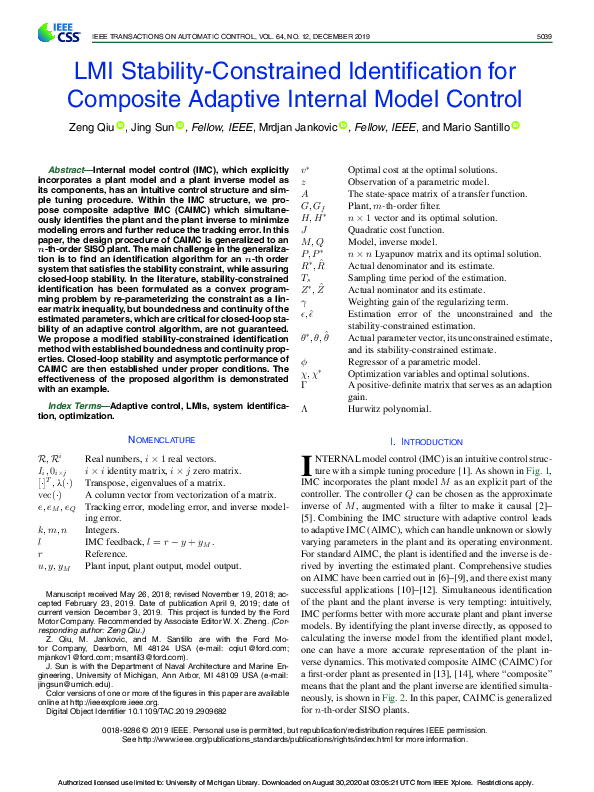(PDF) LMI Stability-Constrained Identification for Composite Adaptive Internal Model Control