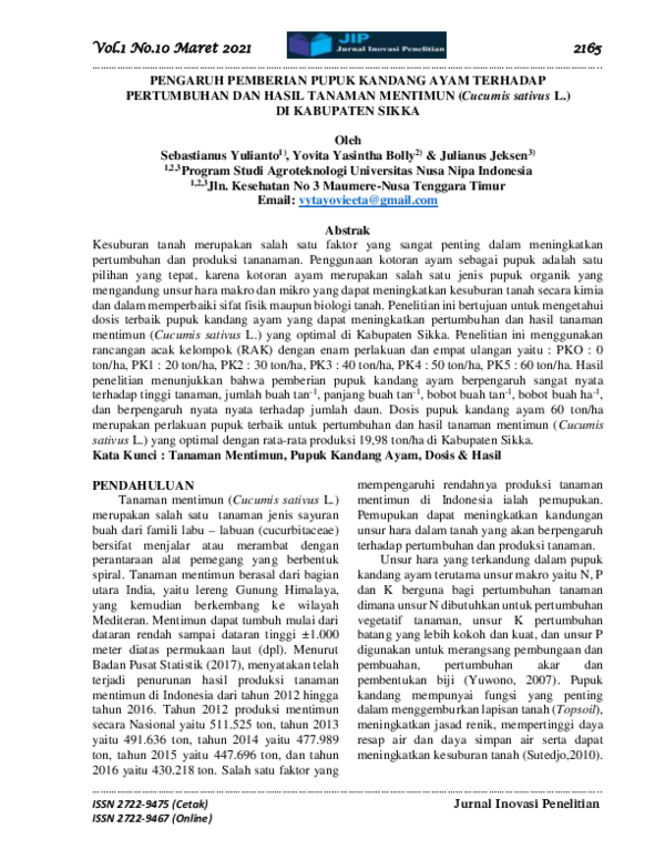 (PDF) PENGARUH PEMBERIAN PUPUK KANDANG AYAM TERHADAP PERTUMBUHAN DAN HASIL TANAMAN MENTIMUN ...