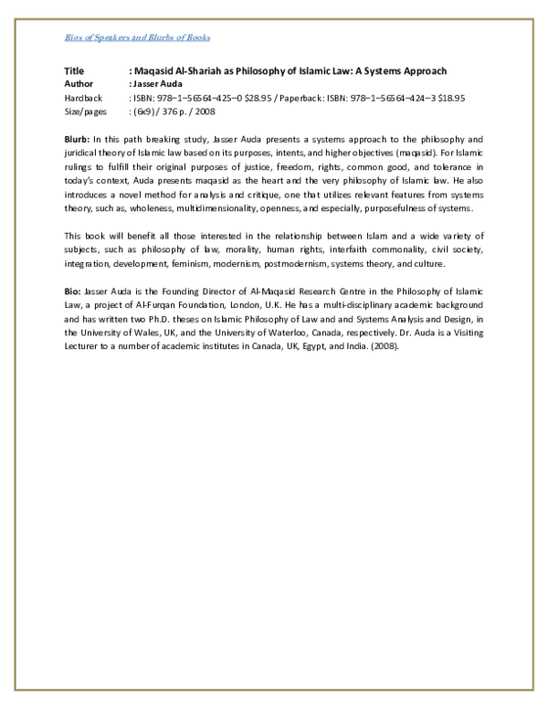 (PDF) Maqasid Al-Shariah as Philosophy of Islamic Law: A Systems Approach