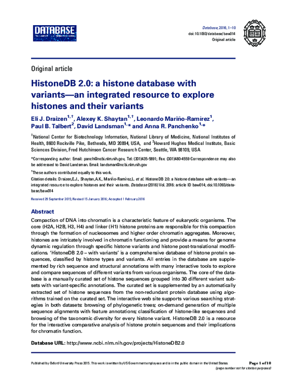 (PDF) HistoneDB 2.0: a histone database with variants—an integrated resource to explore histones ...