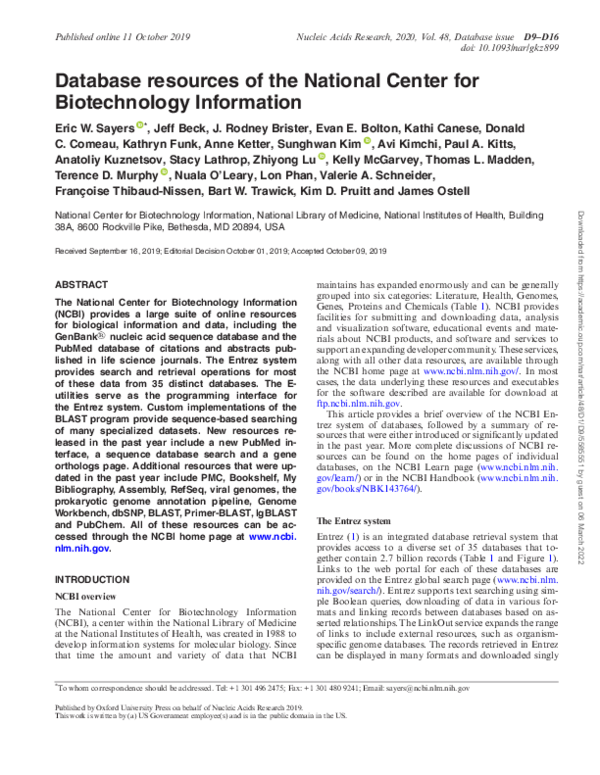 (PDF) Database resources of the National Center for Biotechnology ...