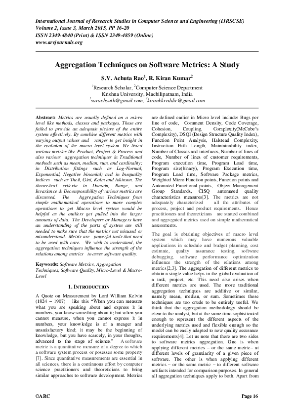 (PDF) Aggregation Techniques on Software Metrics: A Study