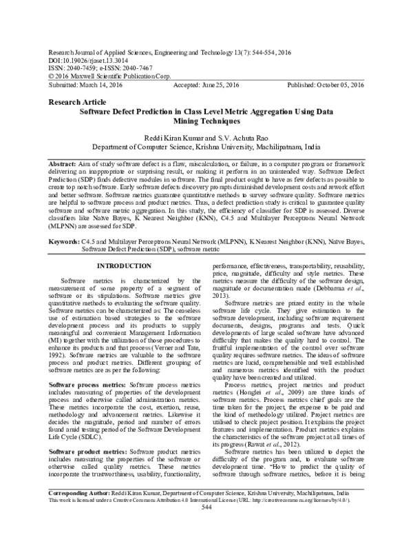 Pdf Defect Prediction In Class Level Metric Aggregation Using Data Mining Techniques