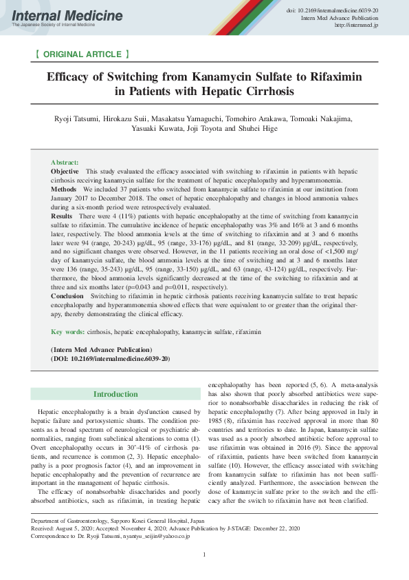 (PDF) Efficacy of Switching from Kanamycin Sulfate to Rifaximin in ...