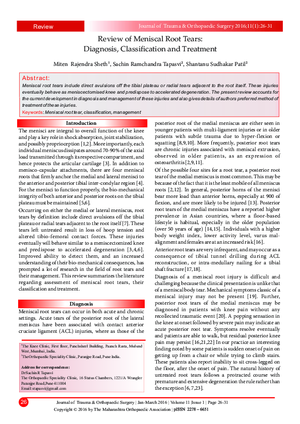 (PDF) of Meniscal Root Tears : Diagnosis , Classification and Treatment