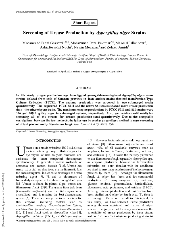 (PDF) Screening of Urease Production by Aspergillus Niger Strains