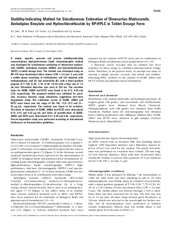 (PDF) Stability-Indicating Method for Simultaneous Estimation of Olmesartan Medoxomile ...