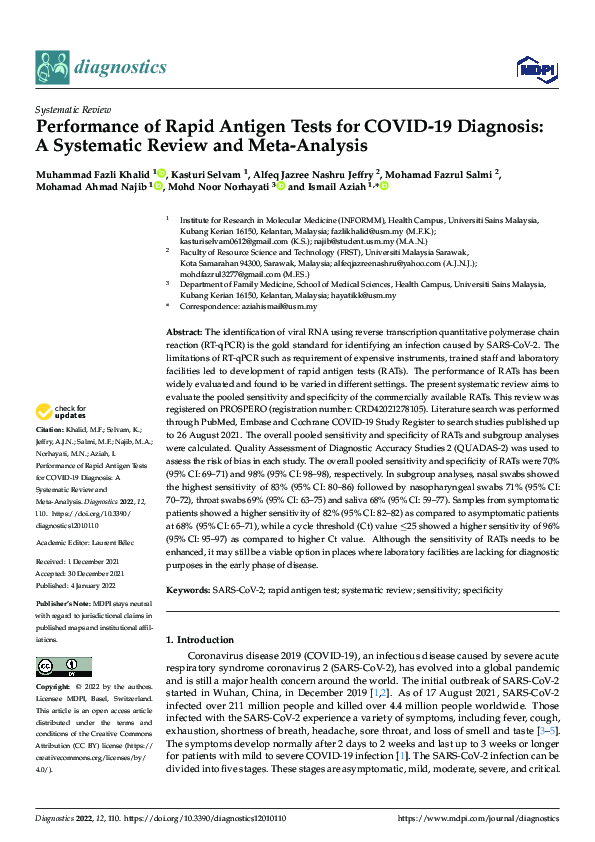 (PDF) Performance of Rapid Antigen Tests for COVID-19 Diagnosis: A ...