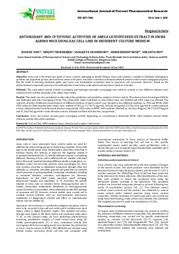 (PDF) Antioxidant and Cytotoxic Activities of Areca Catechu Seed Extract in Swiss Albino Mice ...