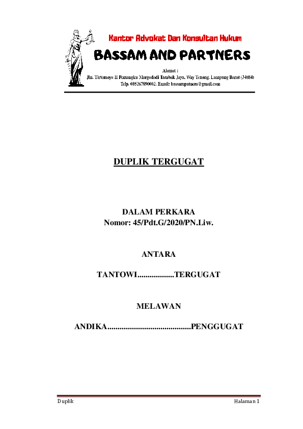 (PDF) Duplik Tergugat (Hukum Acara Dan Praktek Peradilan Perdata)