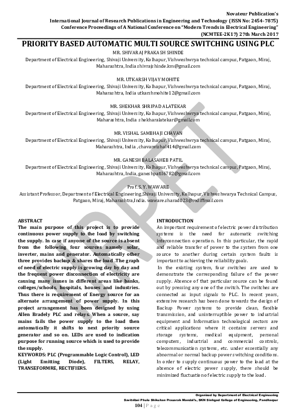 (PDF) Priority Based Automatic Multi Source Switching Using Plc