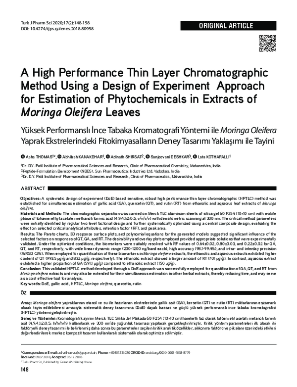 Pdf A High Performance Thin Layer Chromatographic Method Using A Design Of Experiment Approach