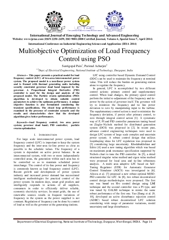 (PDF) Multiobjective Optimization of Load Frequency Control using PSO