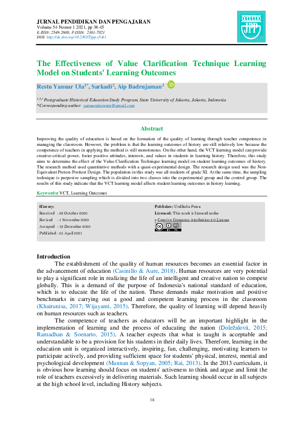(PDF) The Effectiveness of Value Clarification Technique Learning Model on Students' Learning ...