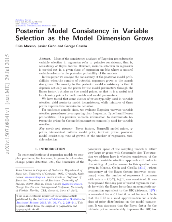 (PDF) Posterior Model Consistency in Variable Selection as the Model Dimension Grows