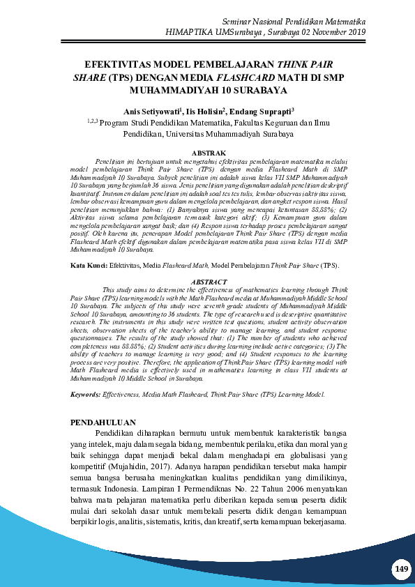 (PDF) Efektivitas Model Pembelajaran Think Pair Share (Tps) Dengan Media Flashcard Math Di Smp ...