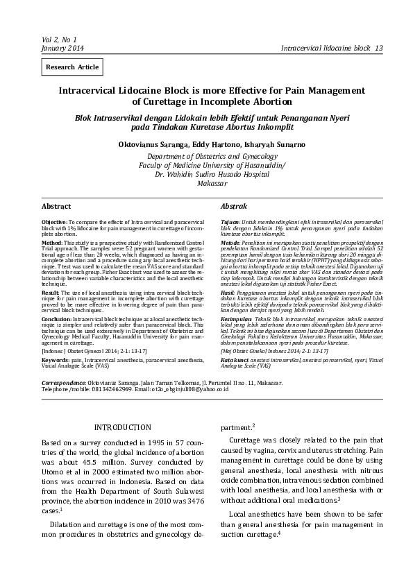 (PDF) Intracervical Lidocaine Block is more Effective for Pain ...