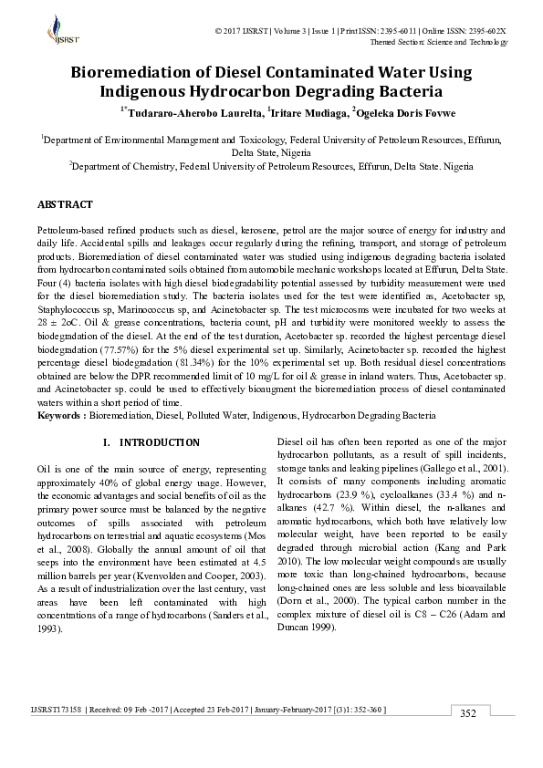 (PDF) IJSRST173158 | Bioremediation of Diesel Contaminated Water Using ...