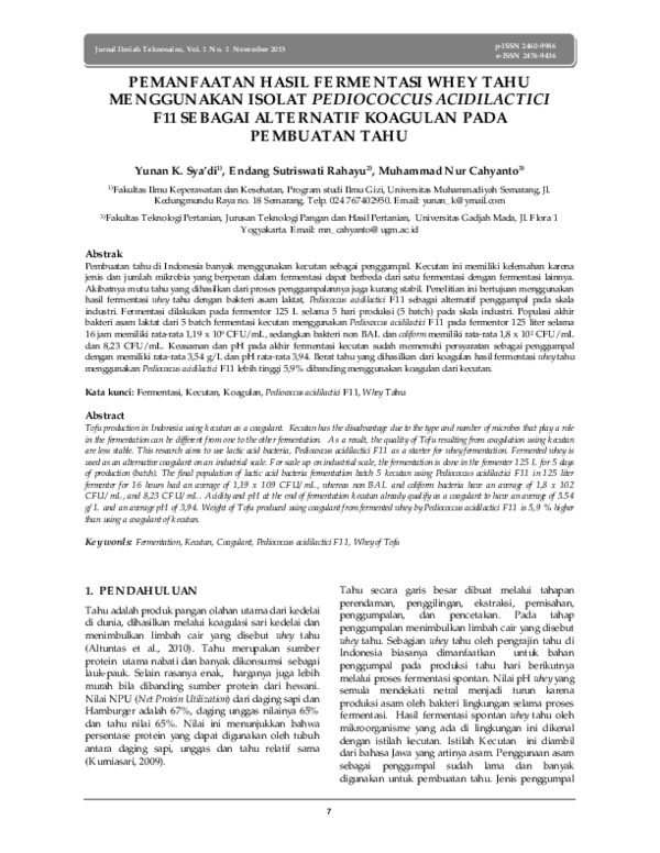 (PDF) Pemanfaatan Hasil Fermentasi Whey Tahu Menggunakan Isolat ...