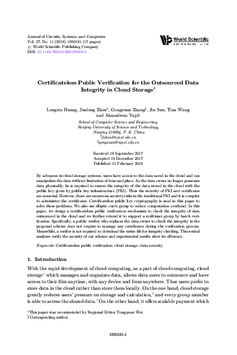 (PDF) Certificateless Public Verification for the Outsourced Data Integrity in Cloud Storage