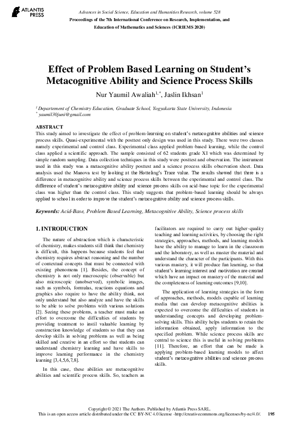 (PDF) Effect of Problem Based Learning on Student’s Metacognitive Ability and Science Process Skills