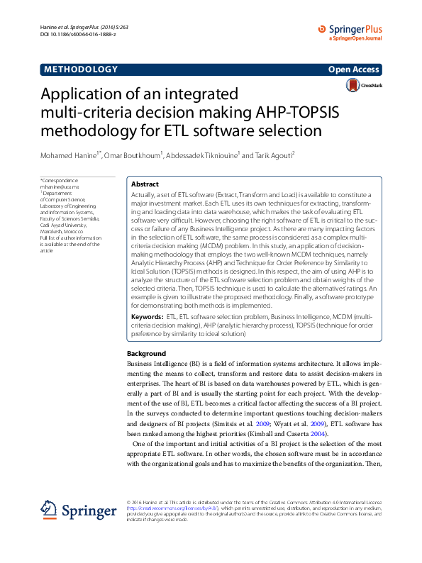 Pdf Application Of An Integrated Multi Criteria Decision Making Ahp Topsis Methodology For Etl