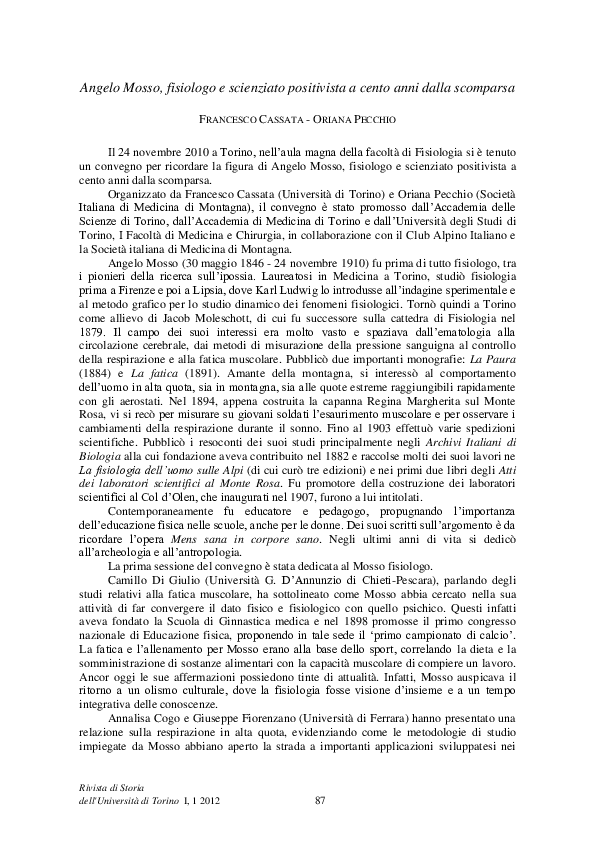 (PDF) Angelo Mosso, fisiologo e scienziato positivista a cento anni ...