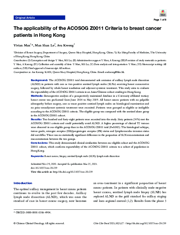 (PDF) The applicability of the ACOSOG Z0011 Criteria to breast cancer ...