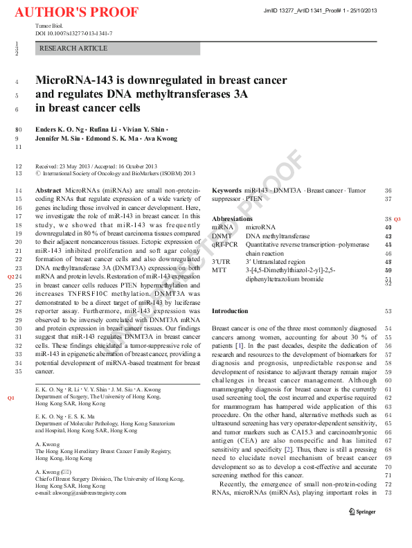 (PDF) MicroRNA-143 is downregulated in breast cancer and regulates DNA ...
