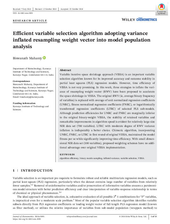 Pdf Efficient Variable Selection Algorithm Adopting Variance Inflated Resampling Weight Vector