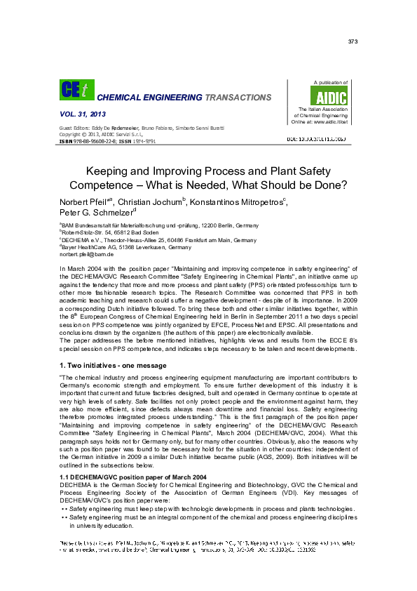 (PDF) Keeping and Improving Process and Plant Safety Competence - What ...