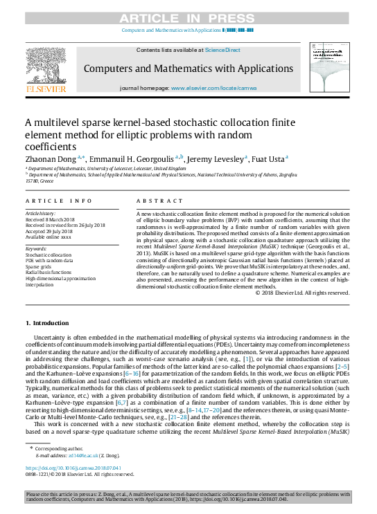 Pdf A Multilevel Sparse Kernel Based Stochastic Collocation Finite Element Method For Elliptic