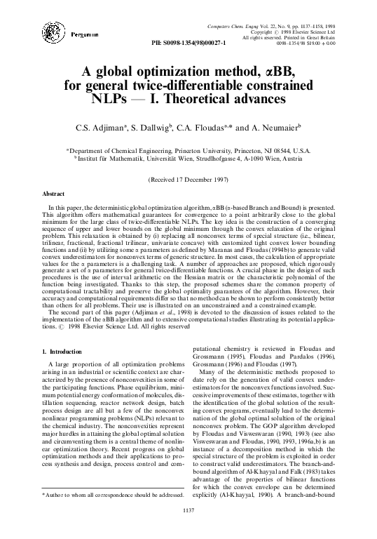 Pdf A Global Optimization Method αbb For General Twice Differentiable Constrained Nlps — I