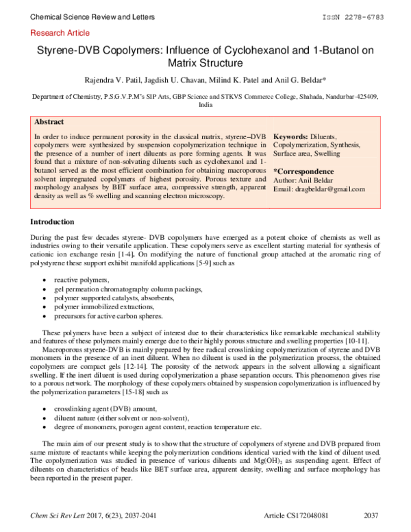 (PDF) Styrene-DVB Copolymers : Influence of Cyclohexanol and 1-Butanol ...