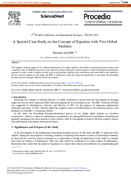 (PDF) A Special Case Study on the Concept of Equation with Two Gifted ...