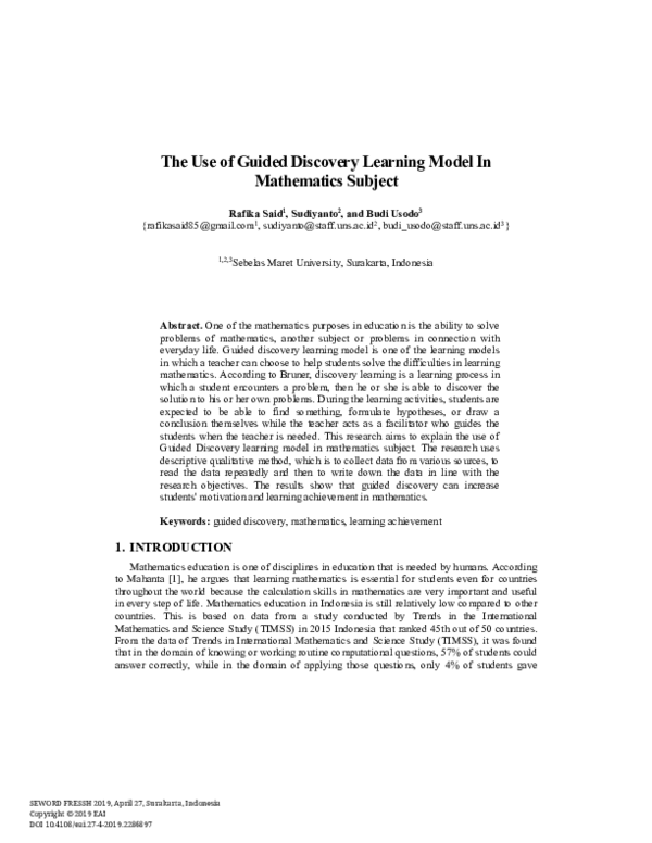 (PDF) The Use of Guided Discovery Learning Model In Mathematics Subject
