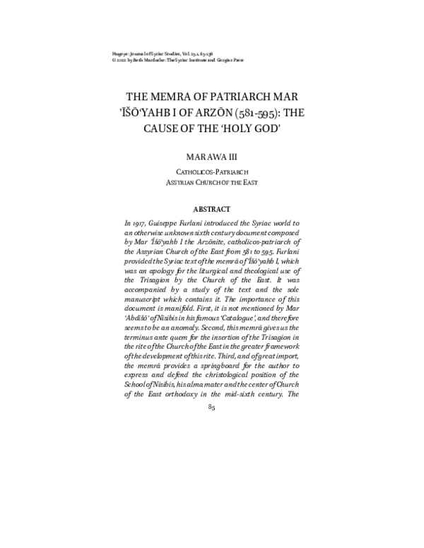 (PDF) THE MEMRA OF PATRIARCH MAR 'ĪŠŌ'YAHB I OF ARZŌN (581-595): THE ...