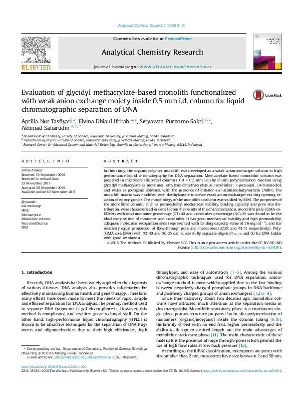 (PDF) Evaluation of Glycidyl Methacrylate-based Monolith Functionalized ...
