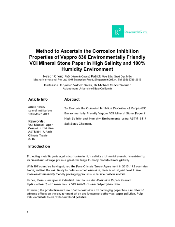 (PDF) Method to Ascertain the Corrosion Inhibition Properties of Vappro ...