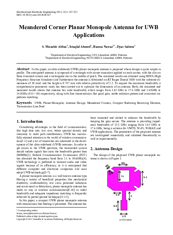 (PDF) Meandered Corner Planar Monopole Antenna for UWB Applications