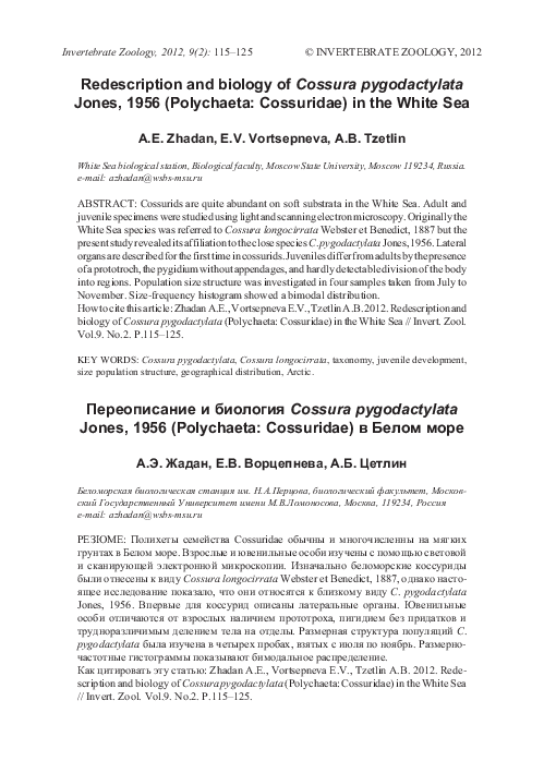 (PDF) Redescription and biology of Cossura pygodactylata Jones, 1956 ...