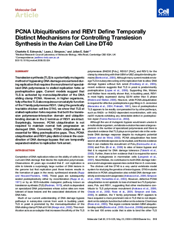 (PDF) PCNA Ubiquitination and REV1 Define Temporally Distinct ...