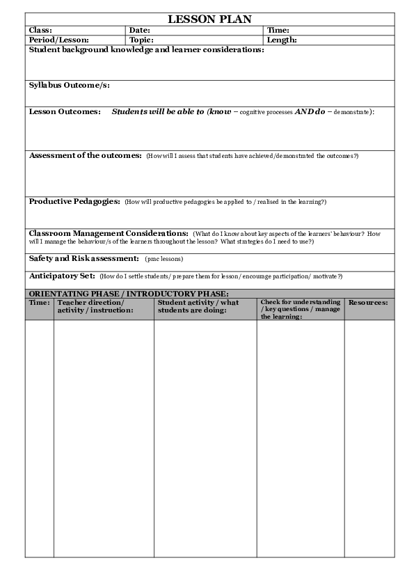 (DOC) LESSON PLAN Class: Date: Time: Period/Lesson: Topic: Length ...