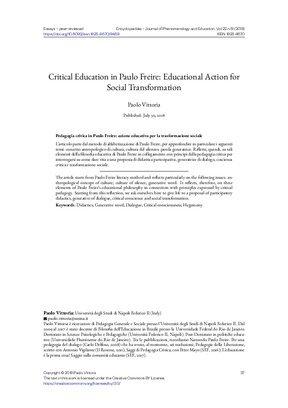 (PDF) Critical Education in Paulo Freire: Educational Action for Social ...
