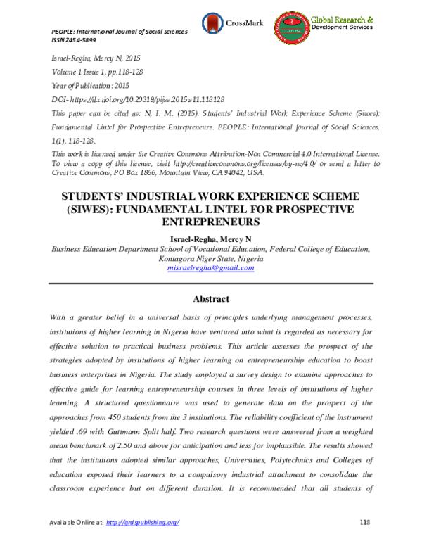 (PDF) Students' Industrial Work Experience Scheme (Siwes) Undertaken at ...