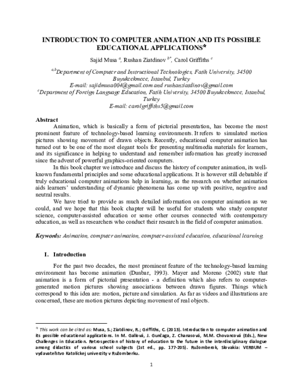 (PDF) Introduction to computer animation and its possible educational ...
