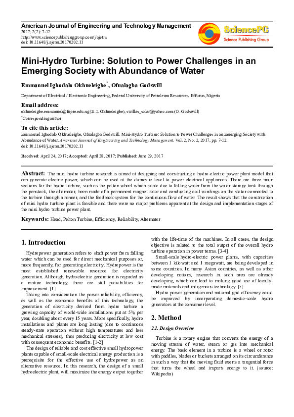(PDF) Mini-Hydro Turbine: Solution to Power Challenges in an Emerging ...