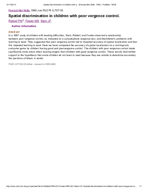 (PDF) Spatial Discrimination in Children with Poor Vergence Control