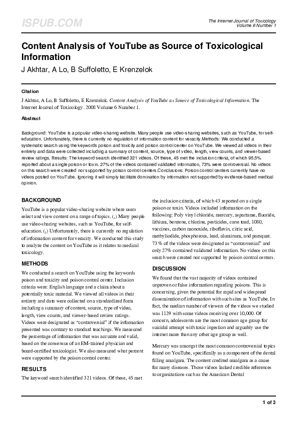 (PDF) Content Analysis of YouTube as Source of Toxicological Information
